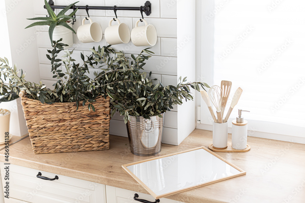 Mock up frame in kitchen interior background. Scandinavian home design ...