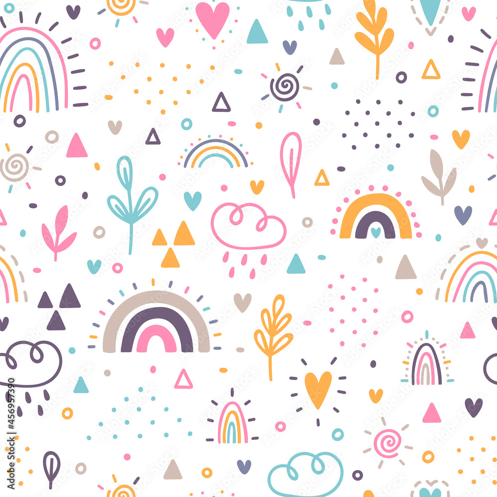 Hand drawn seamless pattern. Childish background with rainbows. Nursery ...