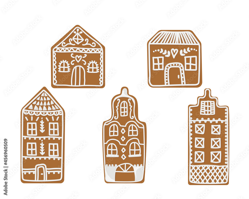 Vector illustration of a set of gingerbread houses of different shapes ...