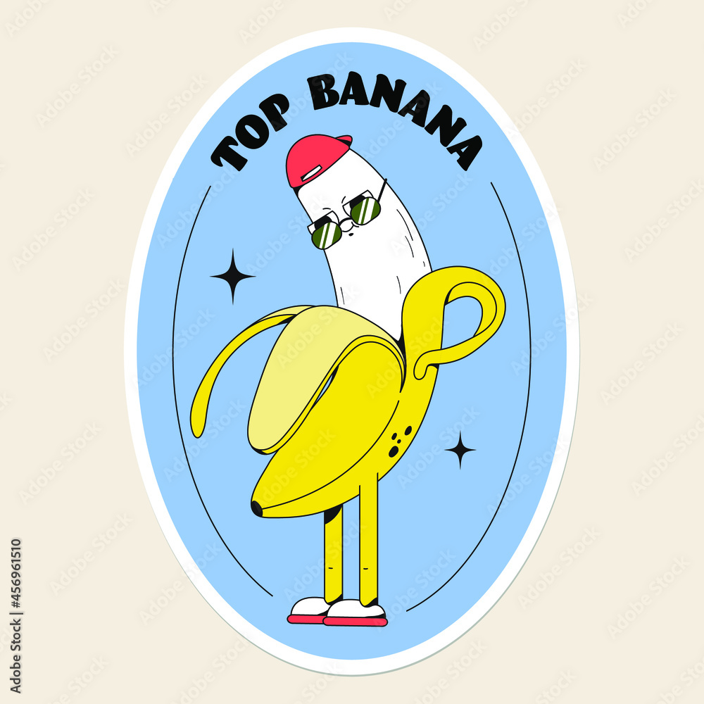 Cute vector fruits sticker pack. A cool banana with funny face and ...