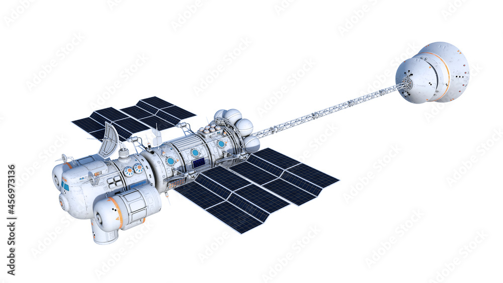 Spaceship with solar panels, alien UFO spacecraft in flight isolated on ...