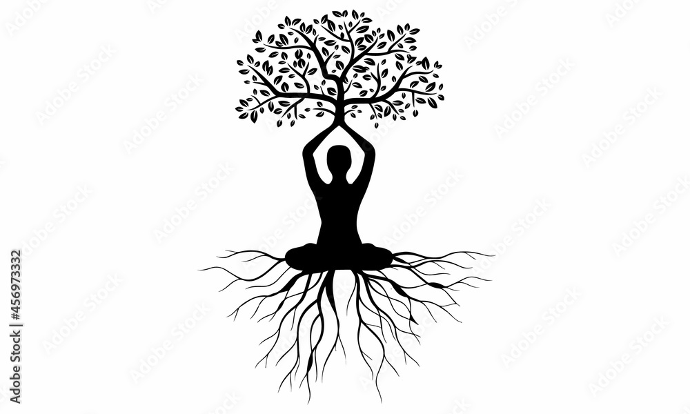 Meditation with tree root vector , yoga silhouette with tree ...