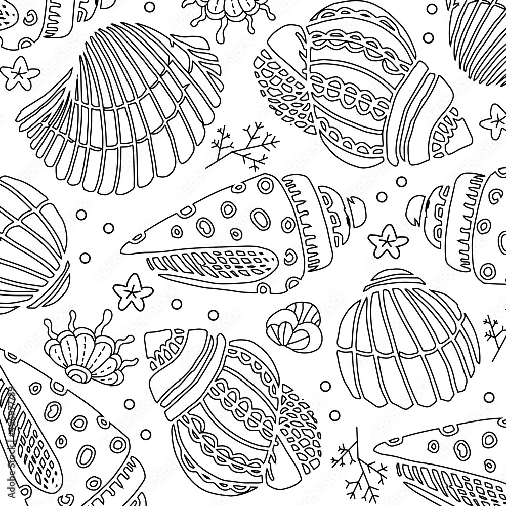 Hand drawn coloring page for kids and adults. Summer beach, sea shells ...