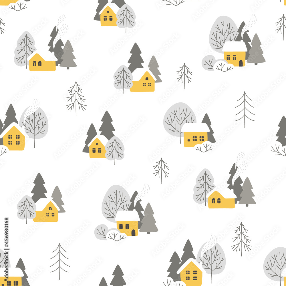 Winter vector seamless pattern with houses and trees in the forest ...