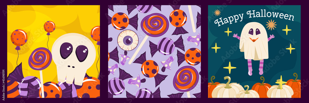 Set of Halloween cover posters with a ghost, pumpkins and skull. Cute ...
