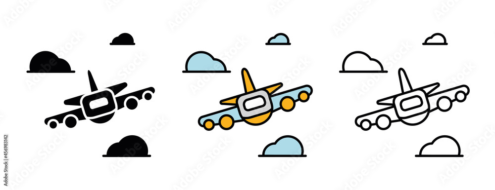 Airplane icon set. Airplane front side sketch set among clouds ...