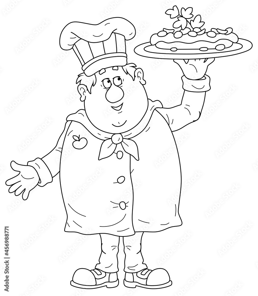 Smiling fat cook in a hat and uniform for cooking, standing and holding ...