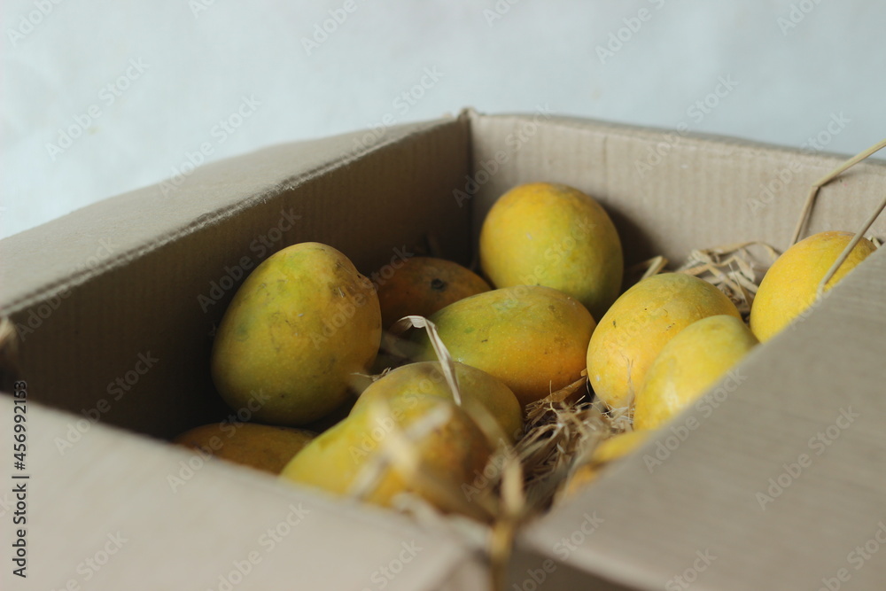 Alphonso Mangoes kept on hay, inside the packing Stock Photo | Adobe Stock
