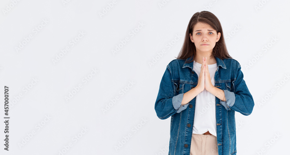 Worried woman need something, begging for help and say please. Girl ...