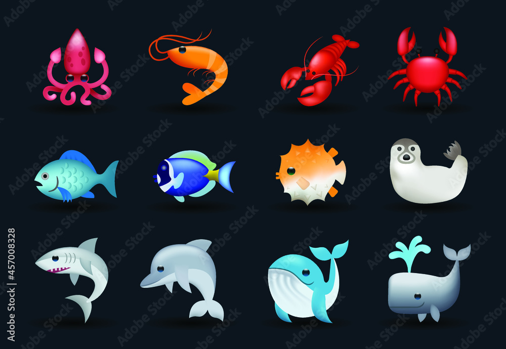 Sea, Ocean Animals Vector Illustration Emojis collection, Icons Set ...