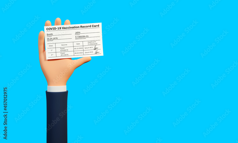 Cartoon Hand holding a vaccination card. Vaccination certificate in ...