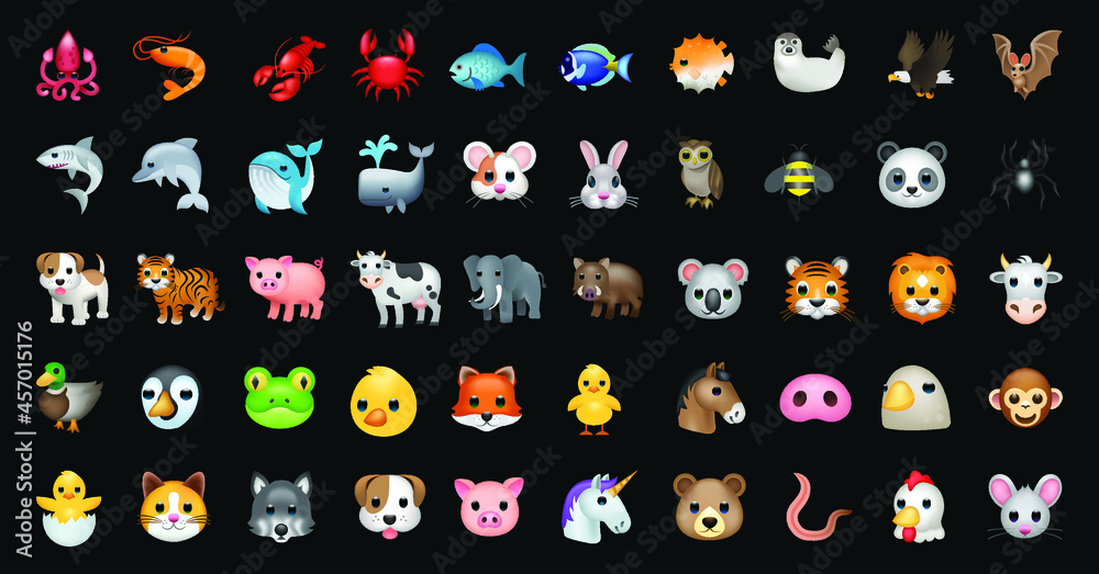 Animals vector emoji illustration set isolated on background. 3d ...