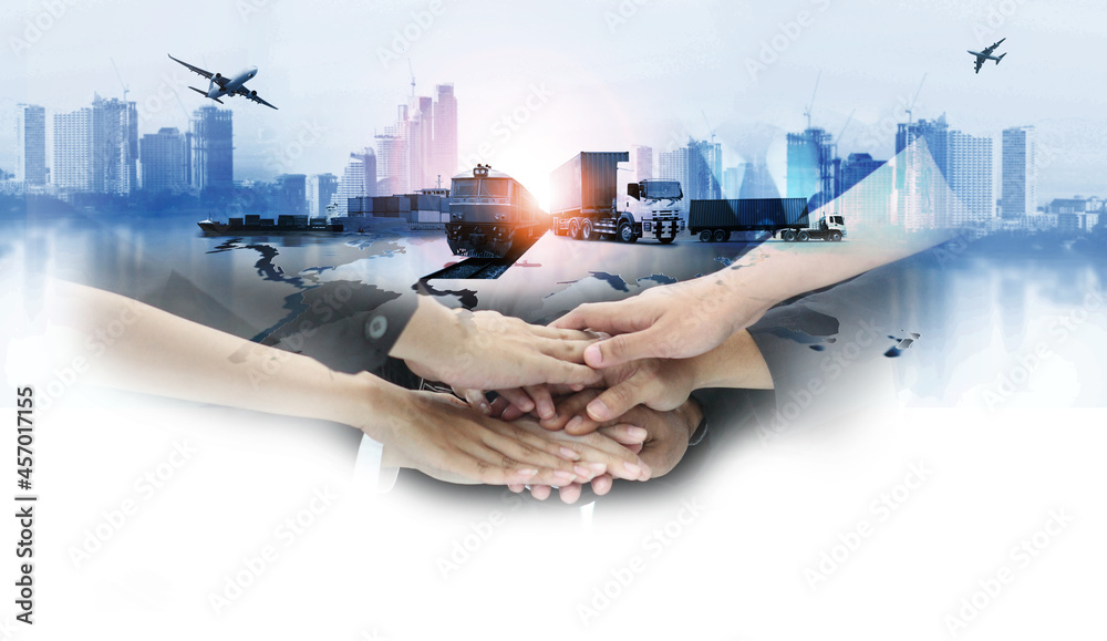 Double exposure of business teamwork industry of container truck ,ship ...
