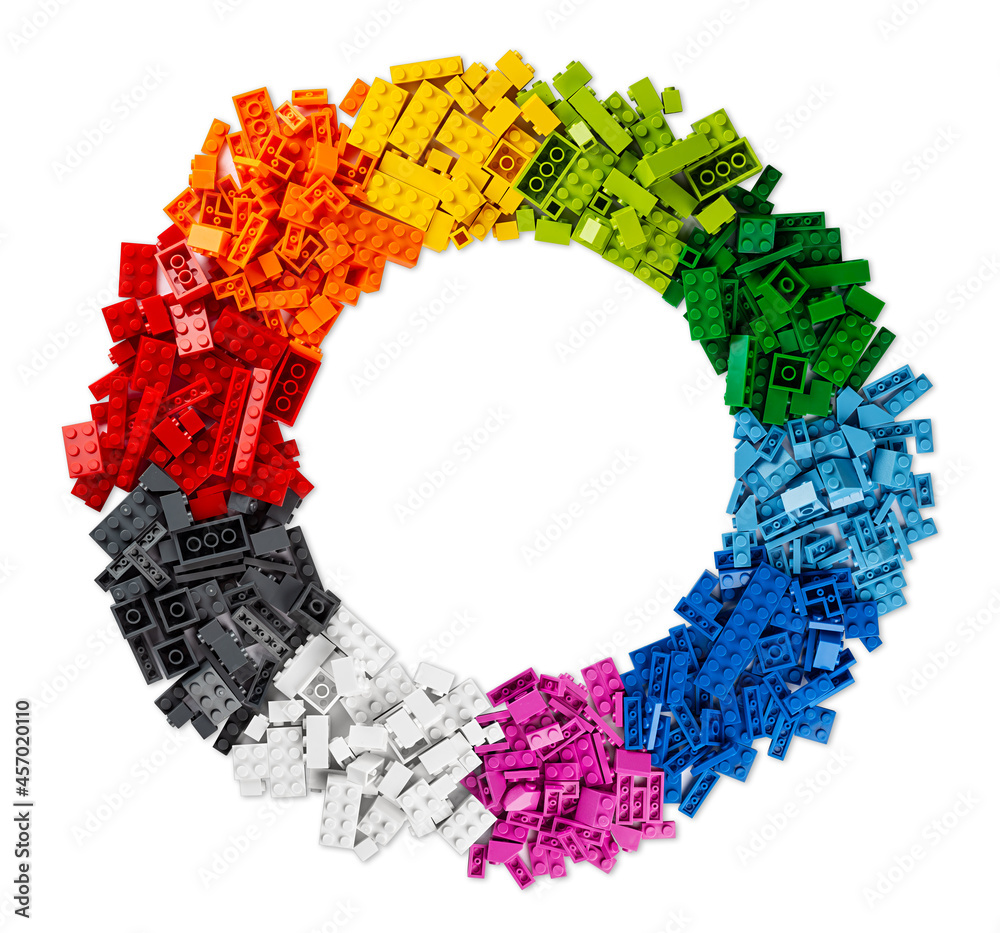 top view of pile of many various colorful rainbow colored stackable ...