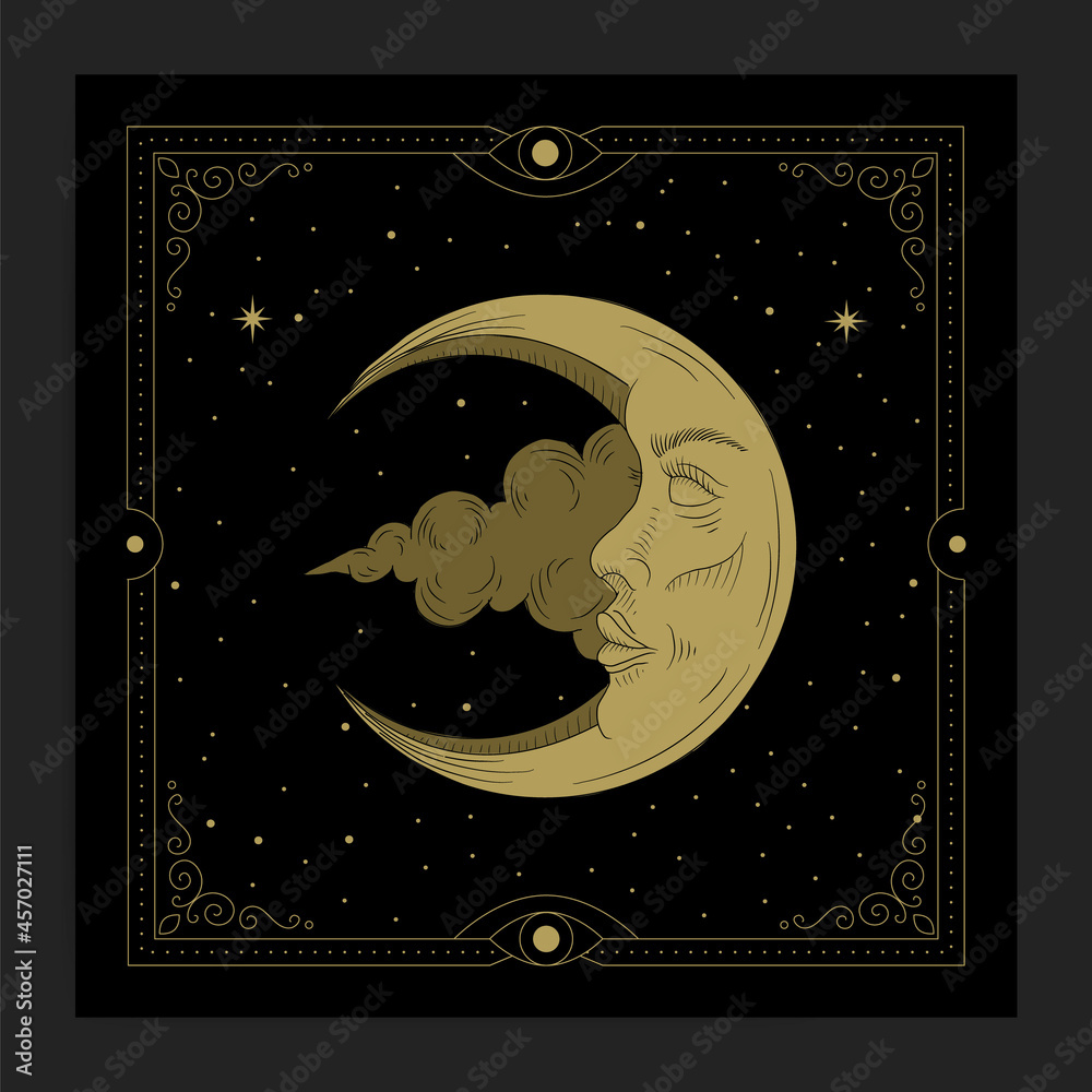 Crescent moon face with cloud in engraving style, hand drawn, line art ...
