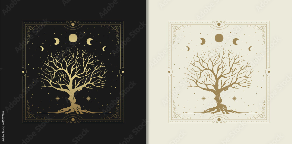 Sacred tree of life with moon phase in engraving, hand drawn, luxury ...