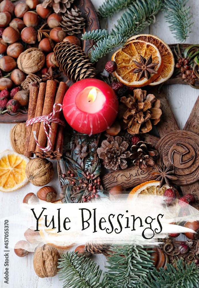 Yule Blessings. Winter altar for Yule sabbath. pagan holiday. candle ...