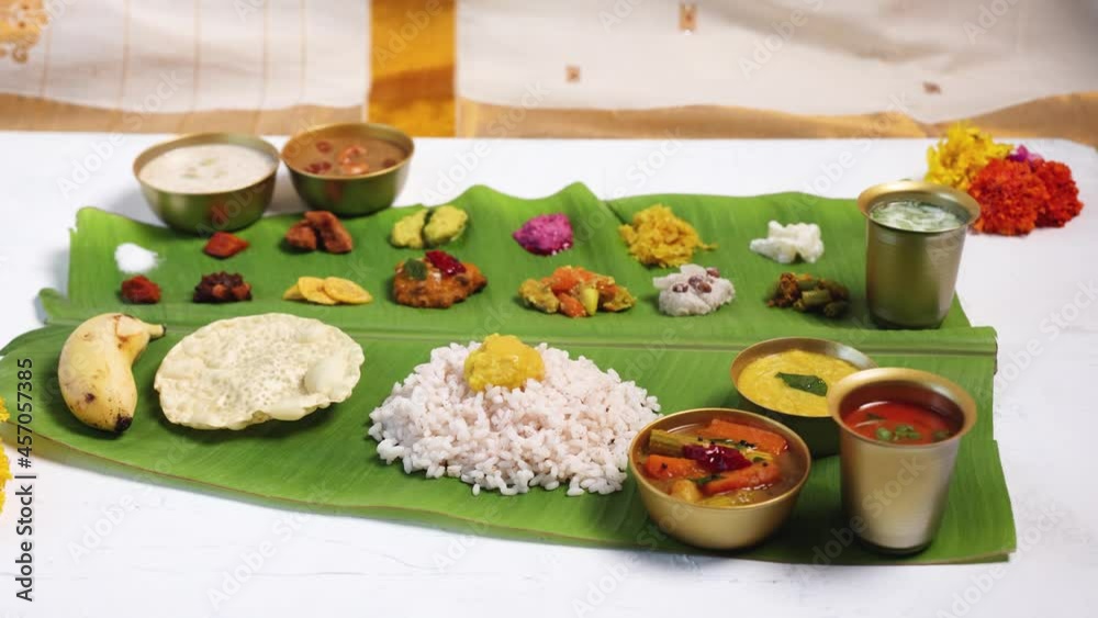 Traditional Onam sadhya 4K footage video rice and curries Sambar, Rasam ...