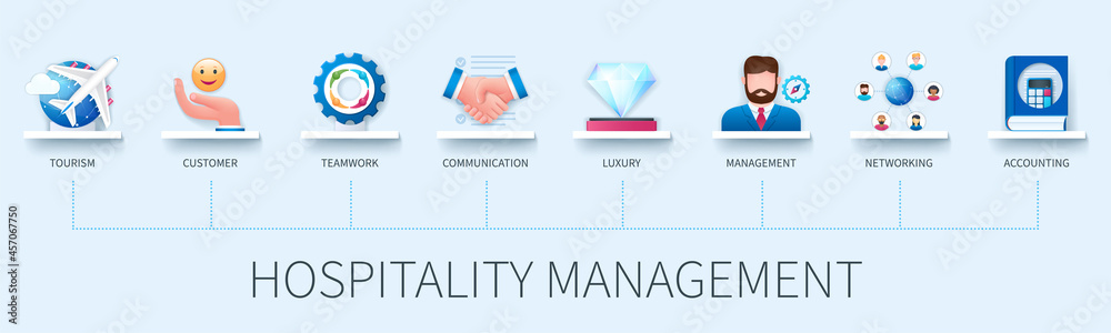 Hospitality management banner with icons. Tourism, customer, teamwork ...