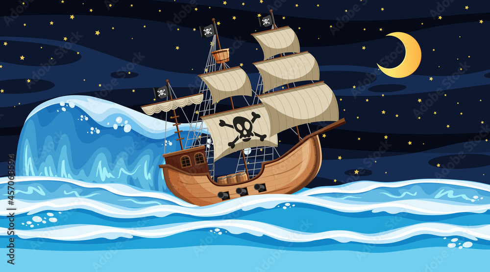 Ocean scene at night with Pirate ship in cartoon style Stock Vector ...