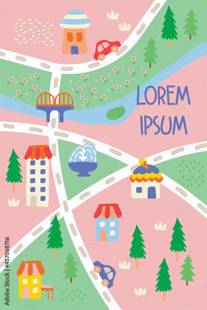 Cute city map pattern, wallpaper for kids, illustration for preschool ...