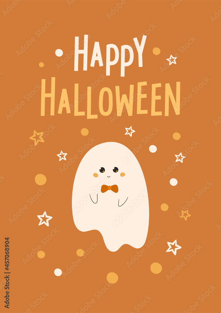 Happy Halloween card with cute ghost, outline stars and hand drawn text ...