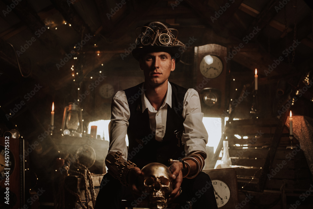 male inventor in a steampunk suit with a hat, a top hat with glasses ...