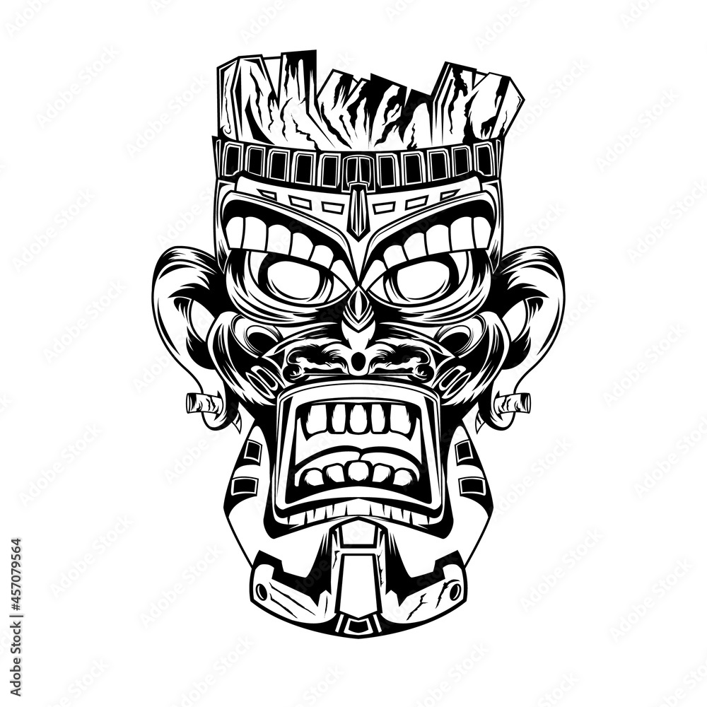 Hand drawn black and white tattoos artwork indian tiki mask vector ...