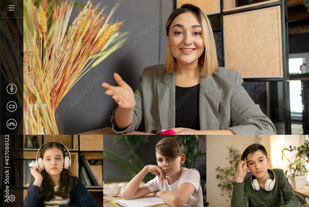 Collage. Group of kids, students studying by group video call, use ...