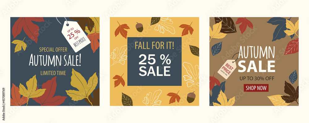 Autumn season sales banners. Set of square offer leaflets with fall ...