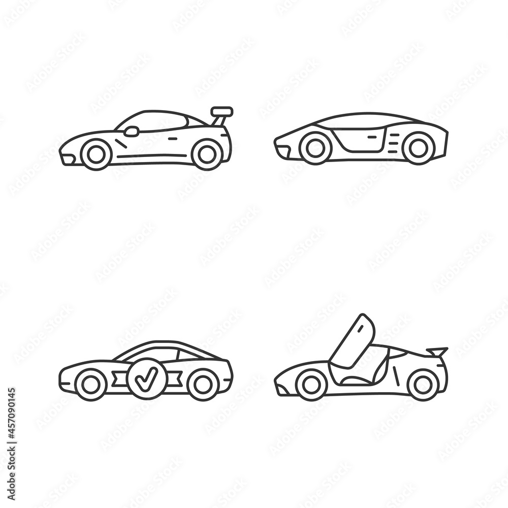 Race car models linear icons set. Customized vehicle. World-class auto ...