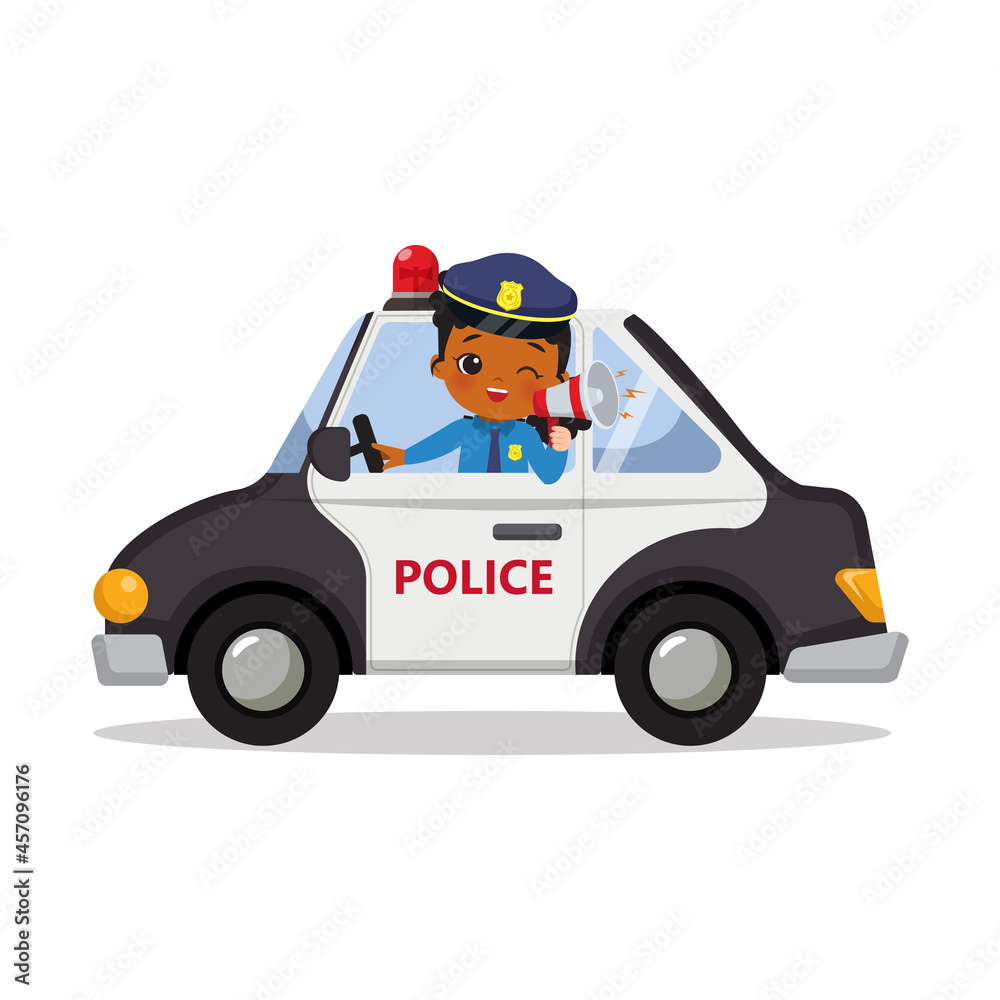 Cute woman police officer driving while holding a megaphone. Flat ...