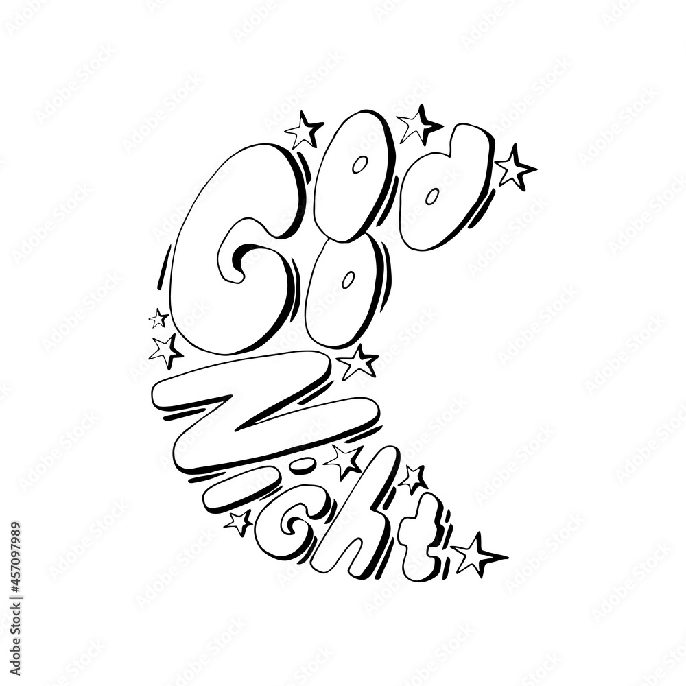 Good night doodling lettering, moon shape, crescent moon, star, hand ...