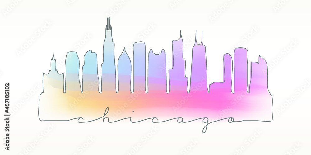 Chicago, IL, USA Skyline Watercolor City Illustration. Famous Buildings ...