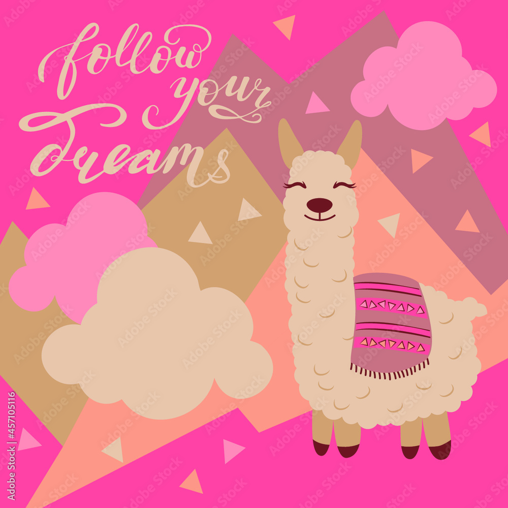 Vector alpaca illustration. Alpaca and lettering print. Alpaca, clouds ...