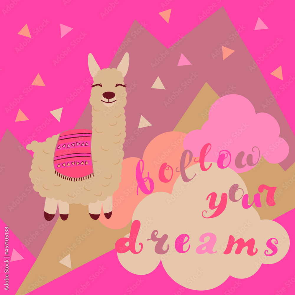 Vector alpaca illustration. Alpaca and lettering print. Alpaca, clouds ...