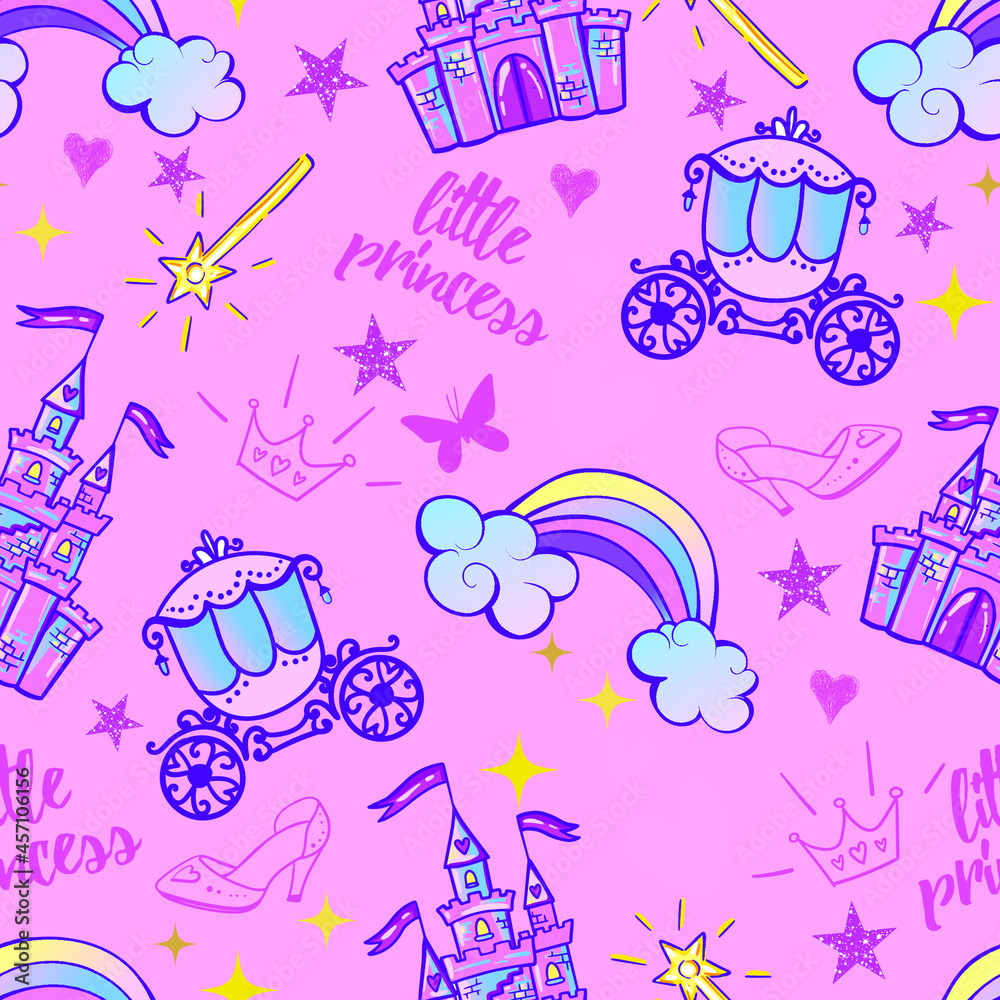 Princess Seamless Pattern for textile with castle, crown, butterfly ...