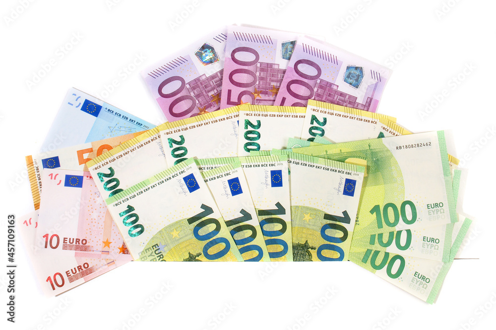 Bargeld, Euro Geldscheine - Banknoten stecken in Papier, Freigestellt ...