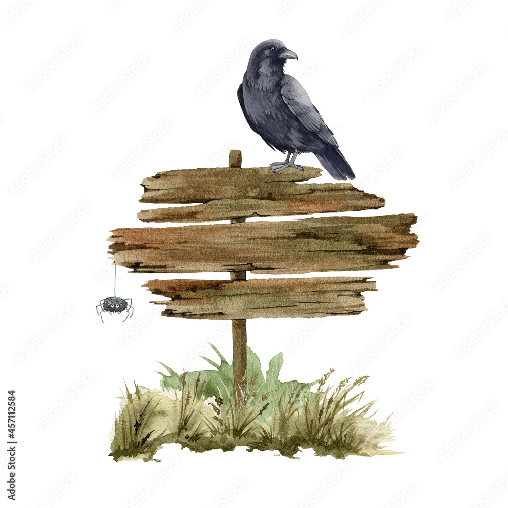 Wood old sign with raven on it. Halloween watercolor illustration. Hand ...