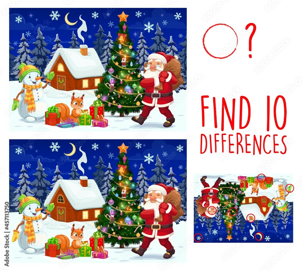 Vetor de Kids game find ten differences. Vector cartoon Christmas ...