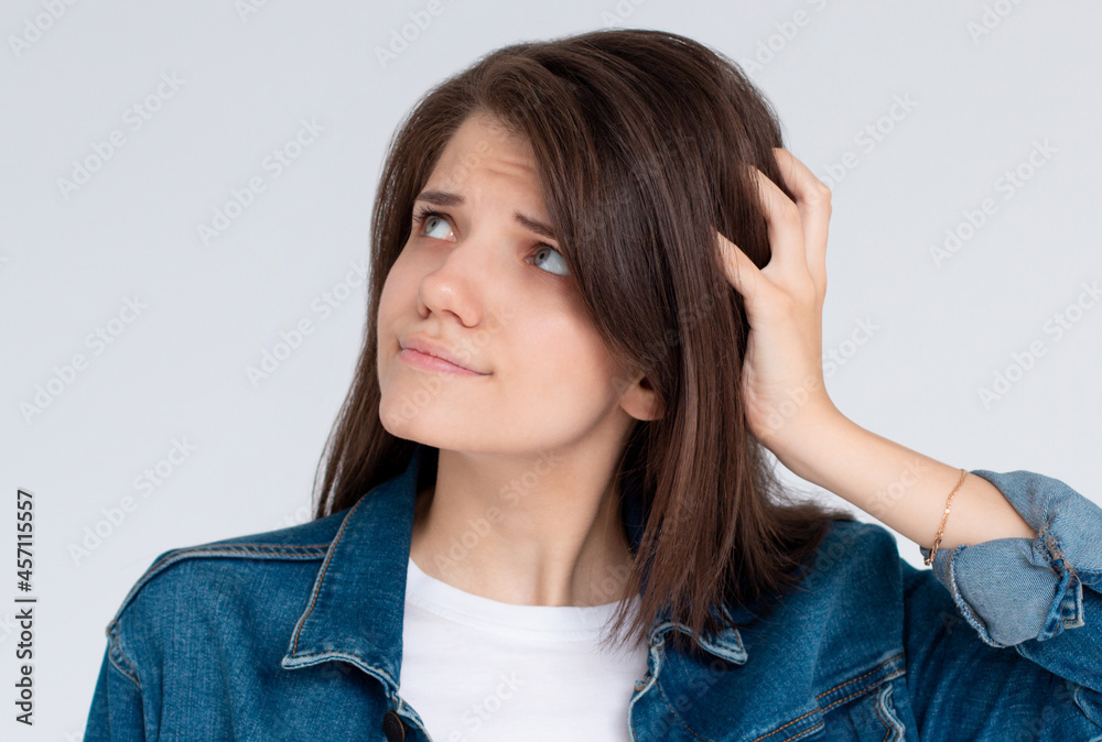 Thoughtful confused and dizzy european woman, Girl face expression ...