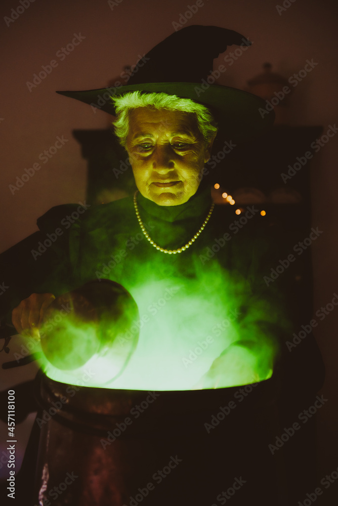 Halloween Witch woman with magic pot of spells .old woman in witches ...