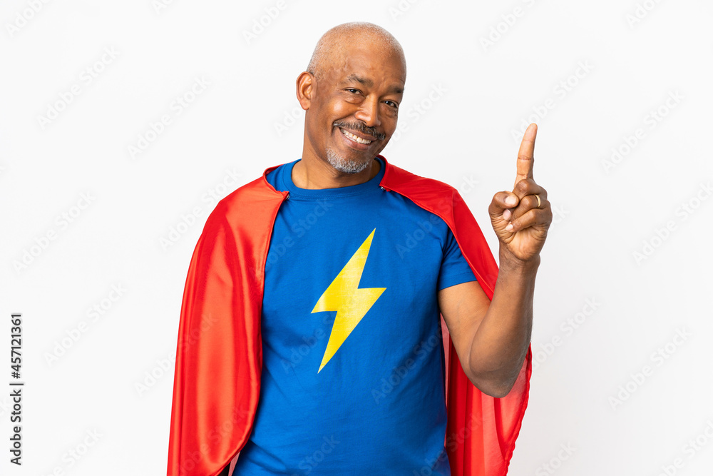Super Hero senior man isolated on white background showing and lifting ...