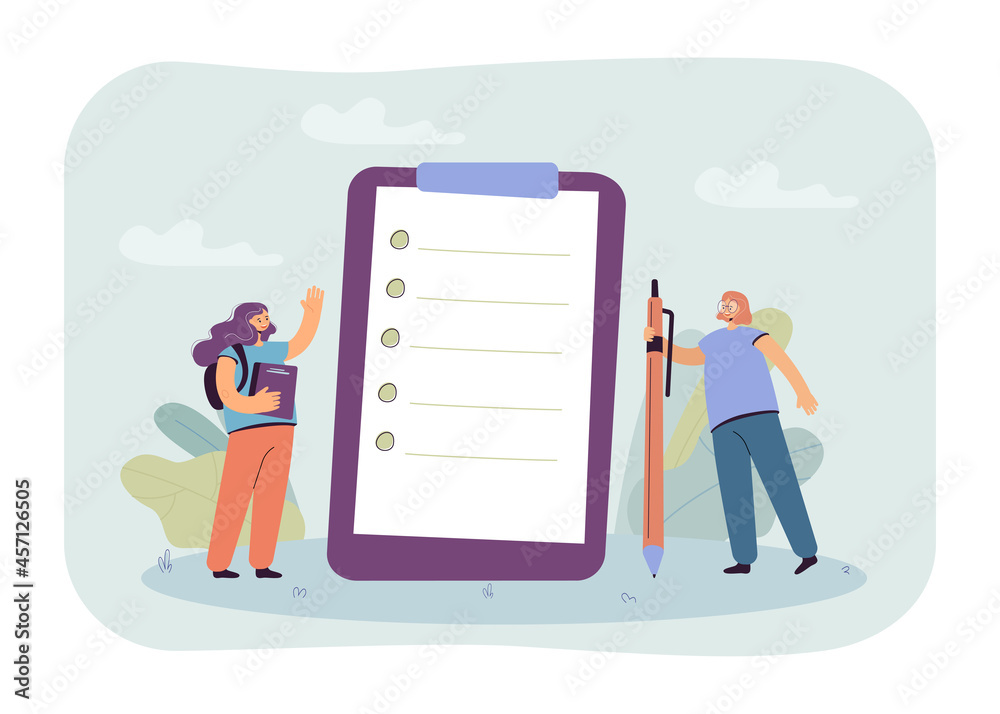 Cartoon schoolgirls standing next to huge checklist. Students taking ...