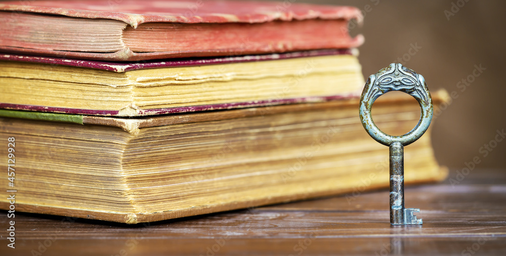Story book, storytelling banner, old books and key on the table Stock ...