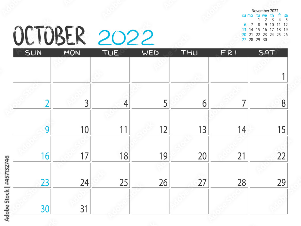 Calendar 2022 year. October 2022 planner.Desctop calendar design. Month ...