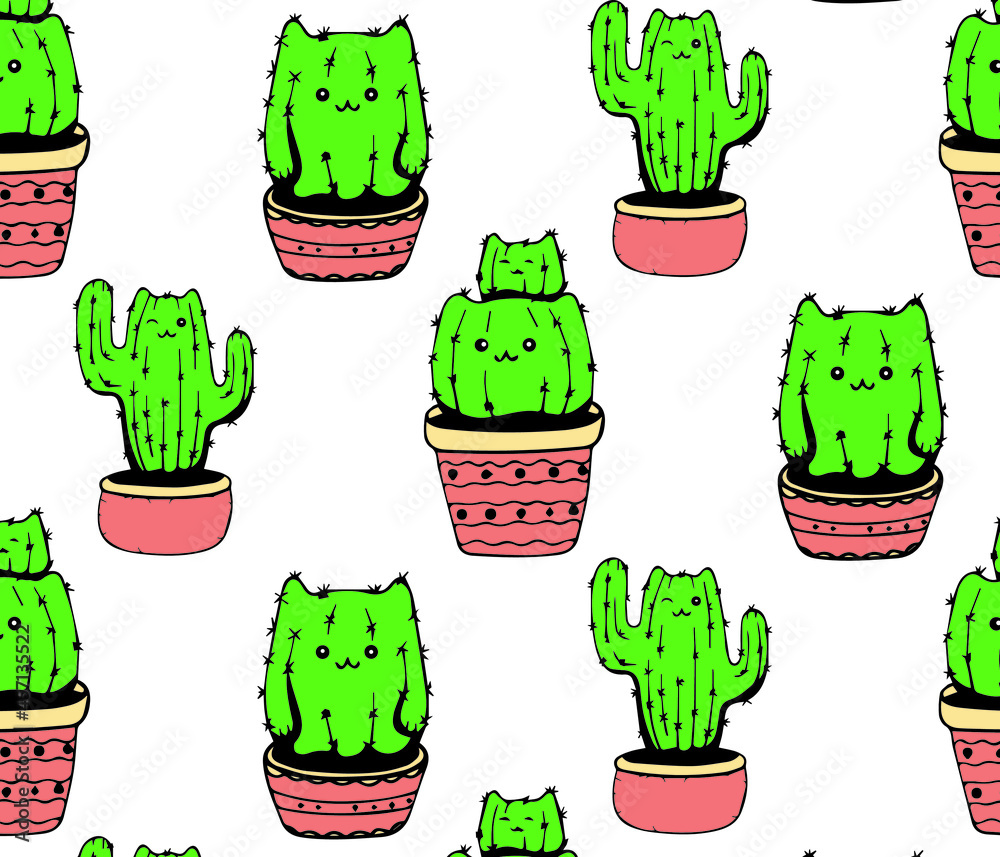 ector illustration hand drawing sketch cute kawaii cat cactus in a ...