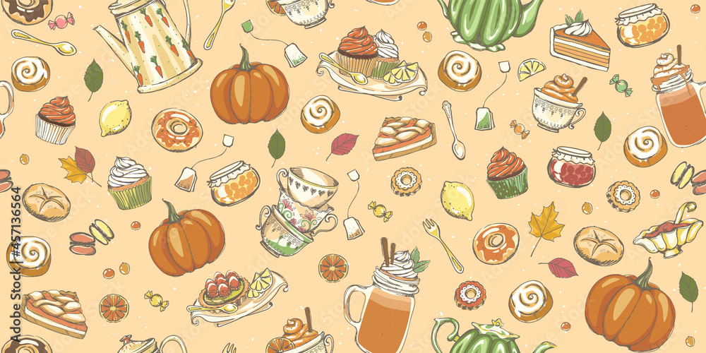Autumn theme seamless pattern for packaging, restaurant menu and coffee ...