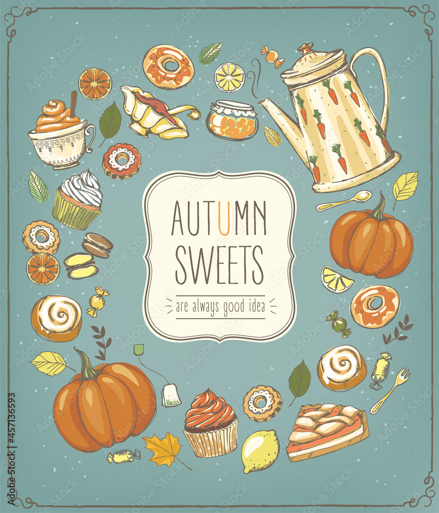 Autumn vector illustration. Tea time, leaves, pumpkin, teapot, sweets ...