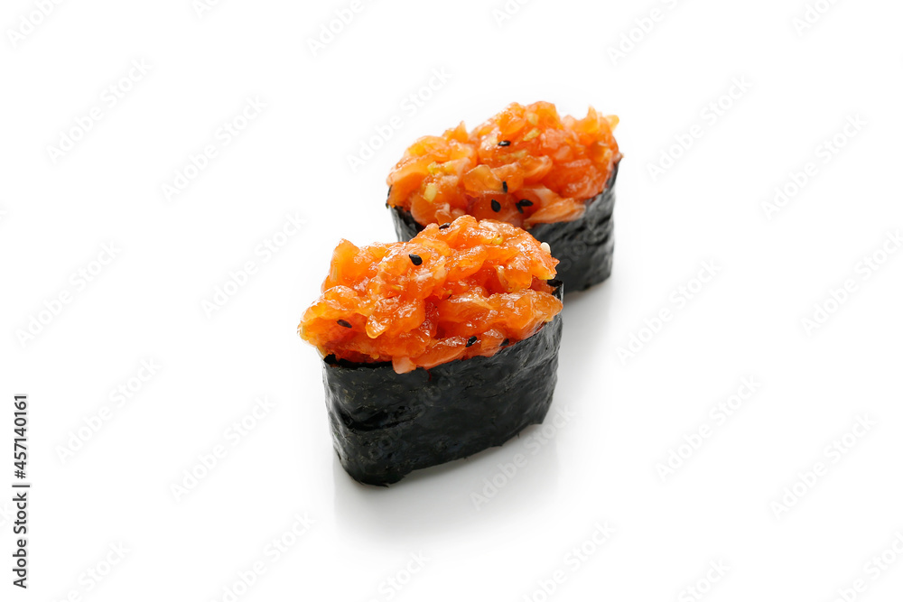 Gunkan sushi with salmon tartare, isolated on white background. 2 piece ...